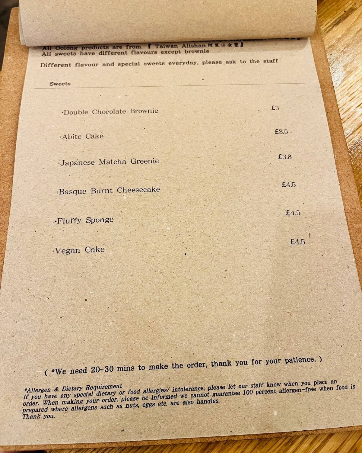 Menu at The GLOCK Edinburgh cafe, Edinburgh