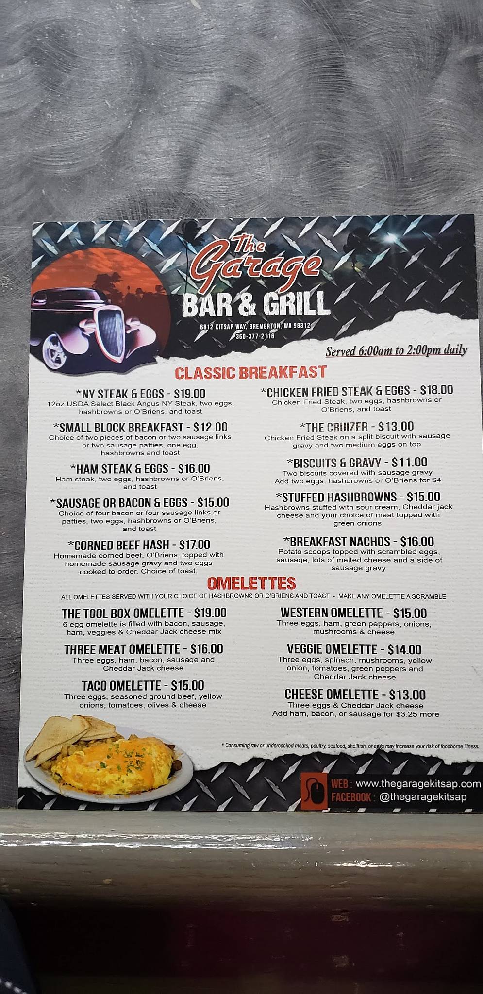 Menu at The Garage Bar & Grill, Bremerton, Kitsap Way