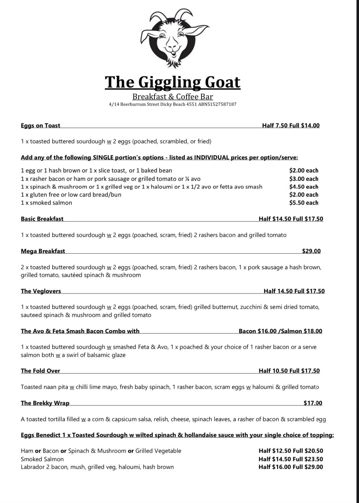 Menu at The Giggling Goat Emporium cafe, Dicky Beach