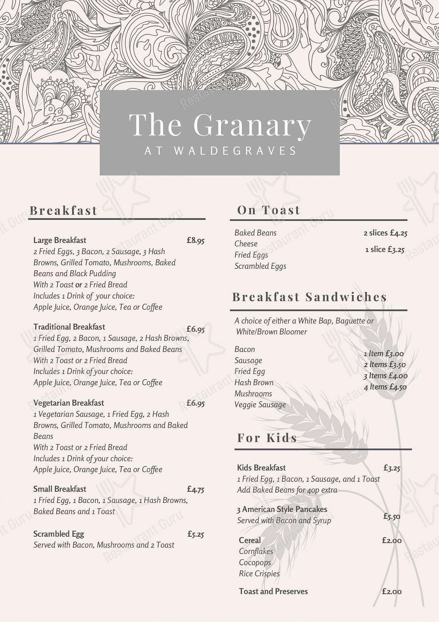 Menu at The Granary Restaurant, West Mersea