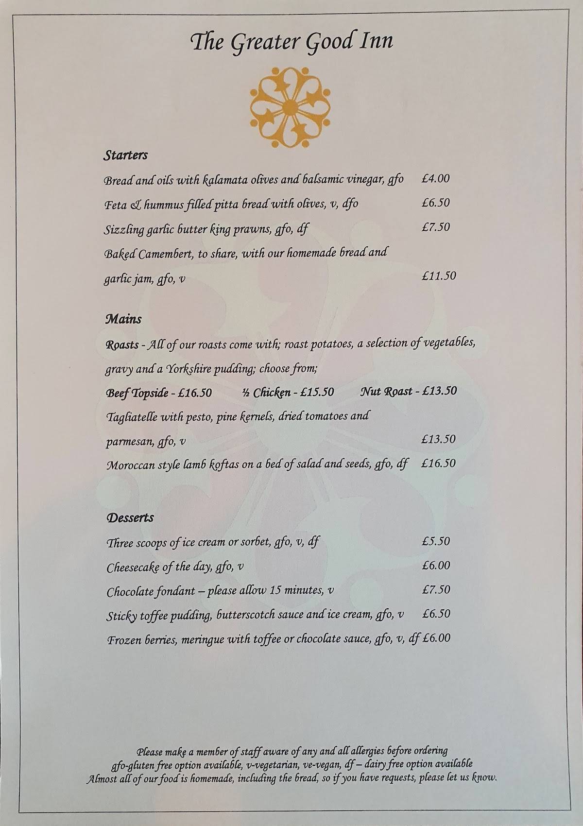 Menu at The Greater Good Inn pub & bar, Fovant