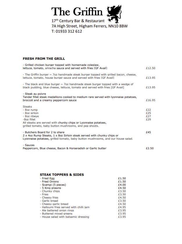 Menu at The Griffin Inn pub & bar, Rushden