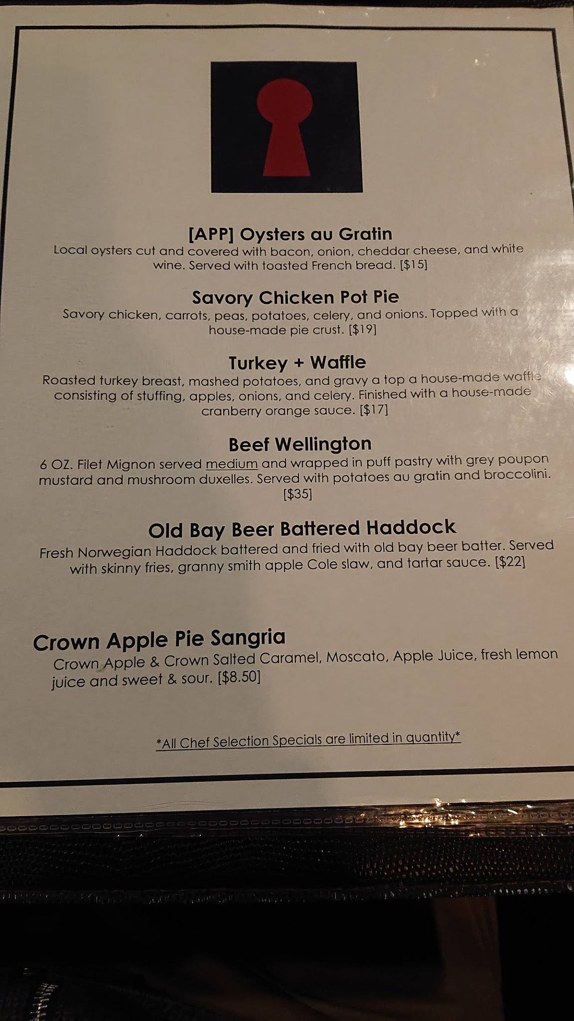 Menu at The Island Hideaway restaurant, Solomons, Solomons Island Rd S