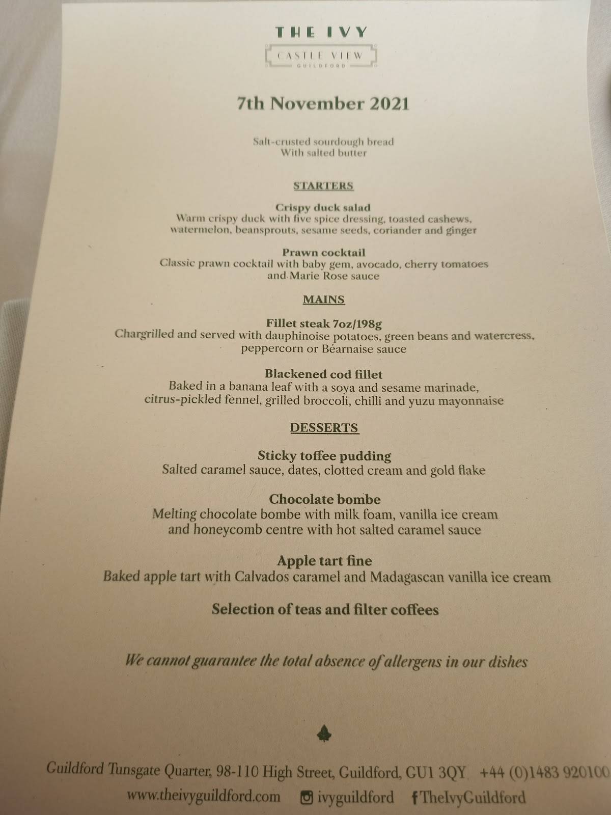 Menu at The Ivy Castle View restaurant, Guildford