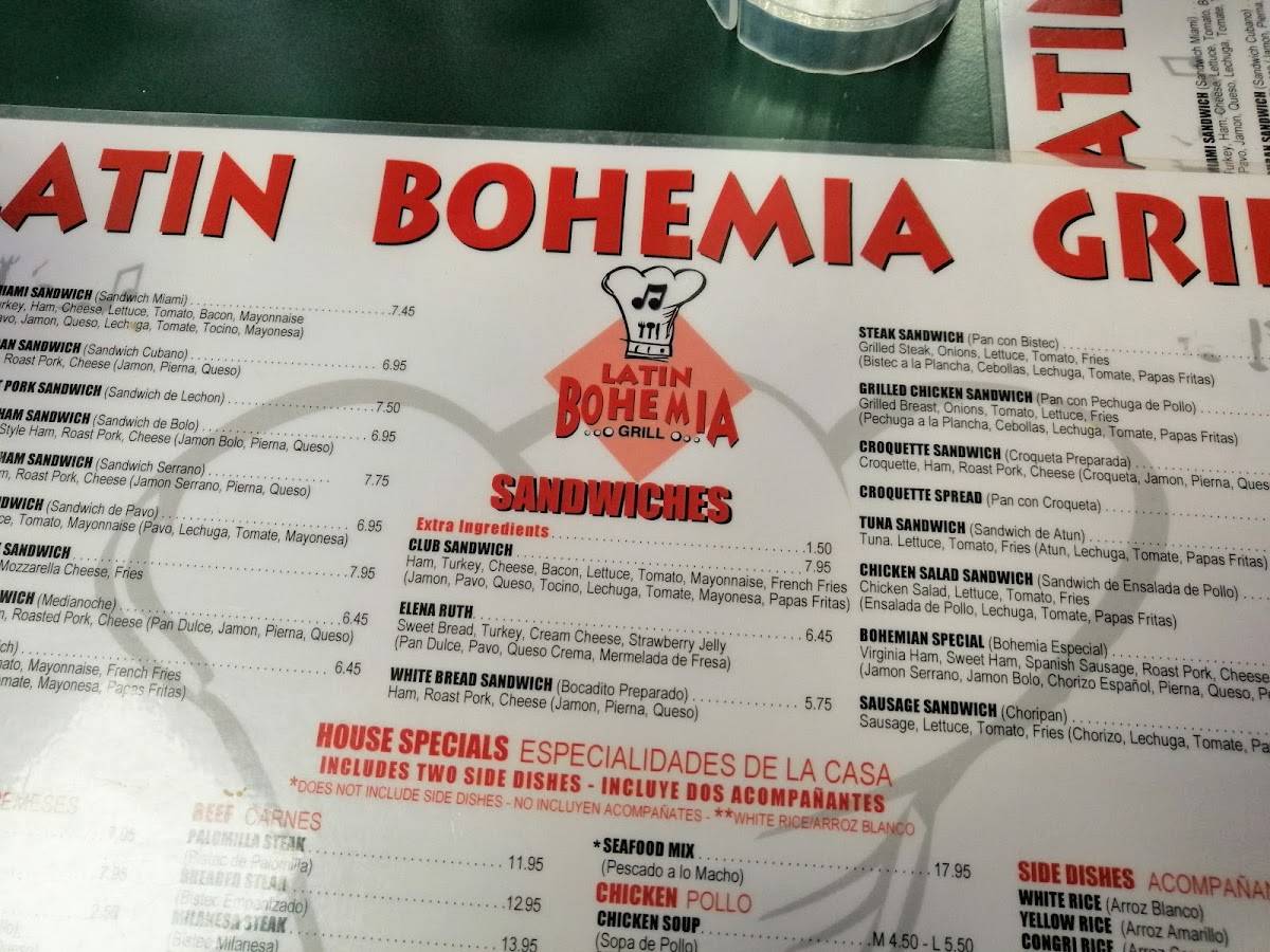 Menu at The Latin Bohemia Grill cafe, Pompano Beach