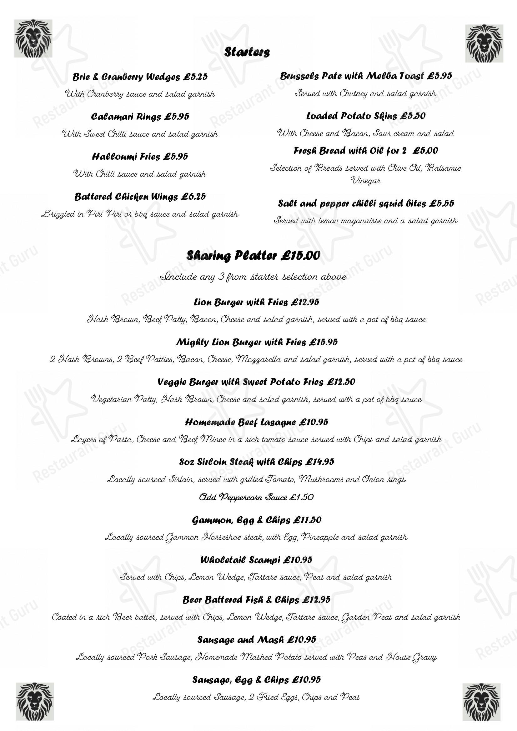 Menu at The Lion Inn pub & bar, Telford