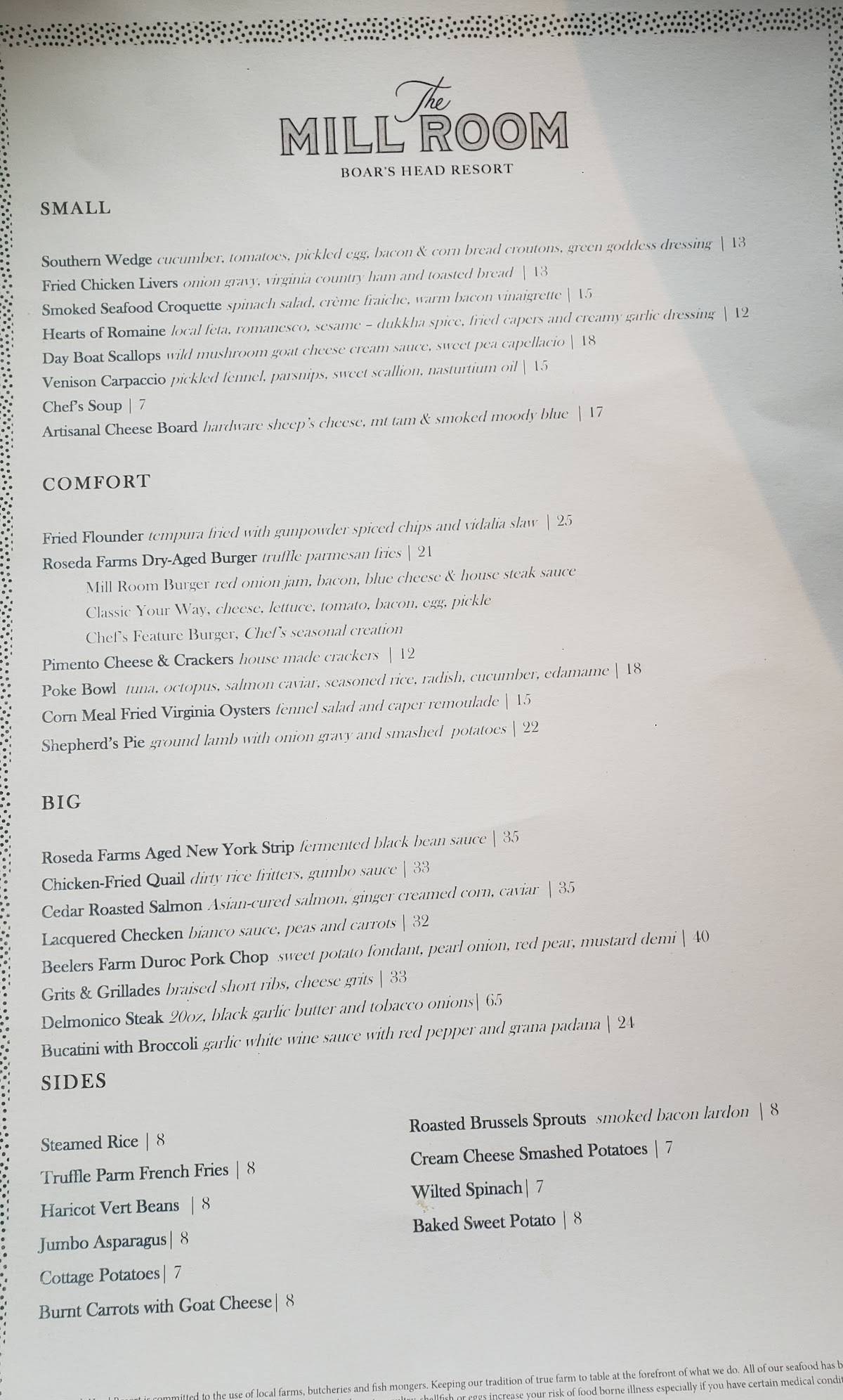 Menu at The Mill Room restaurant, Charlottesville