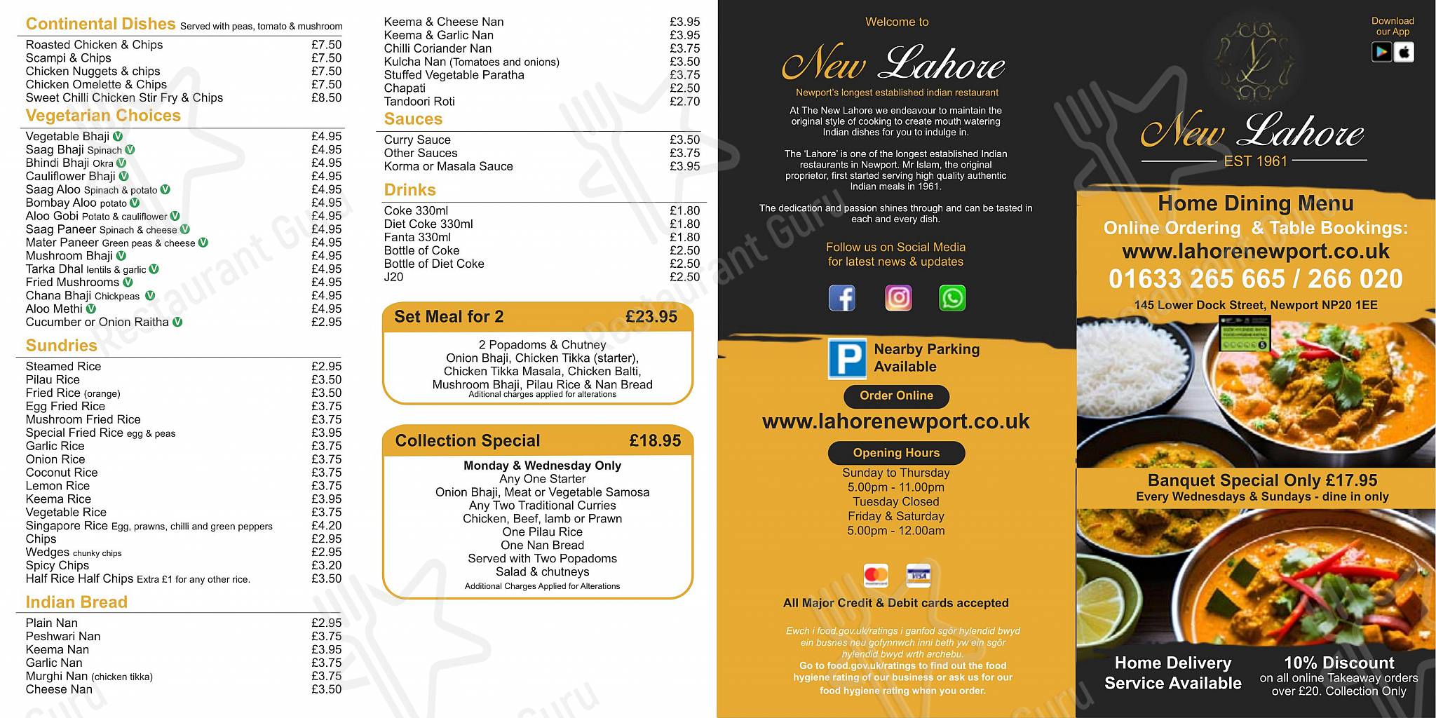 Menu at The New Lahore restaurant, Newport, 145 Lower Dock St