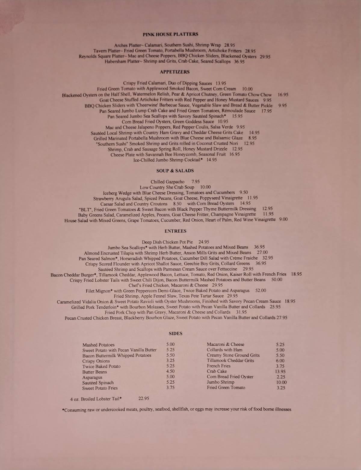 Menu at The Olde Pink House pub & bar, Savannah