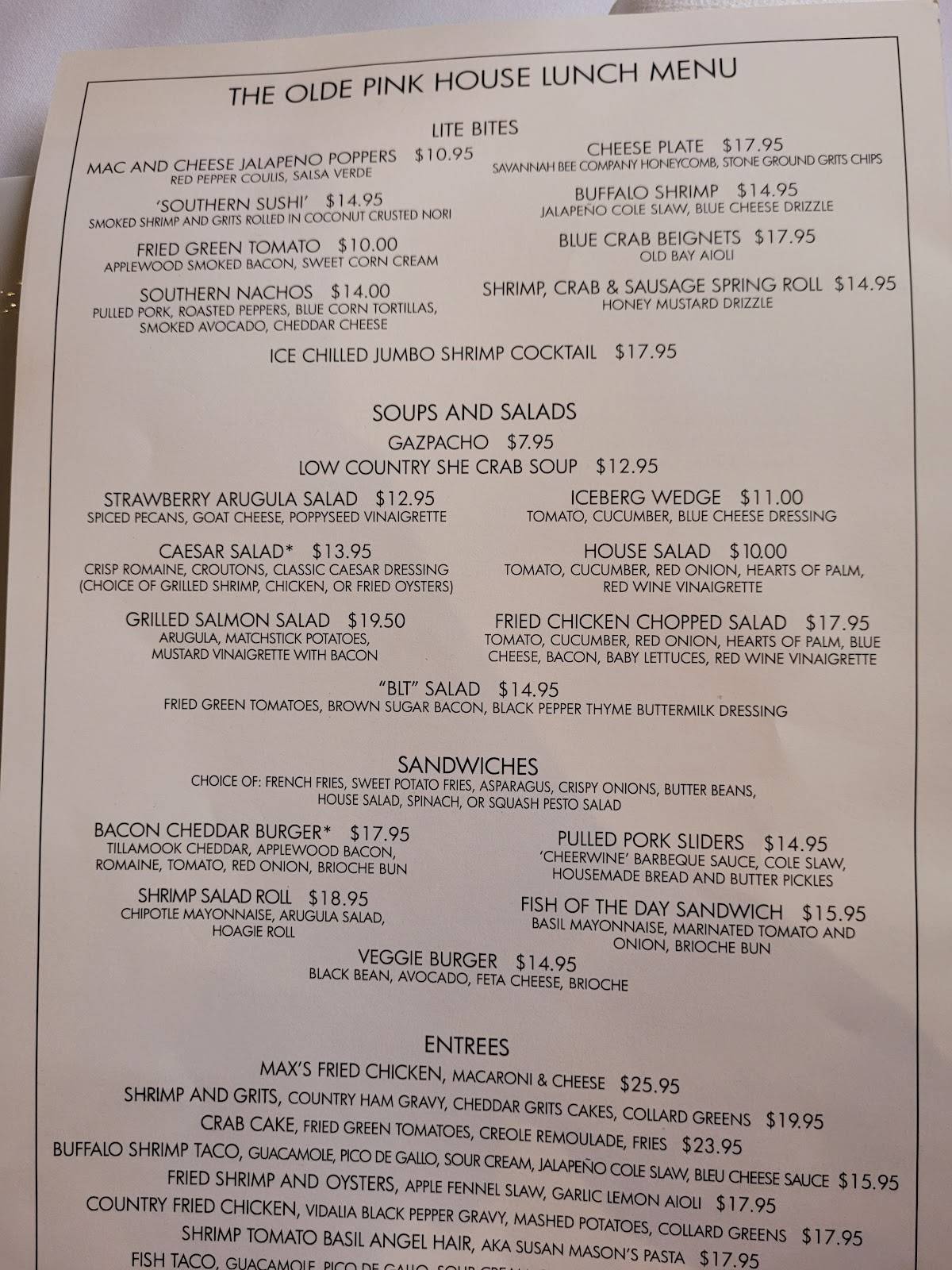 Menu at The Olde Pink House pub & bar, Savannah