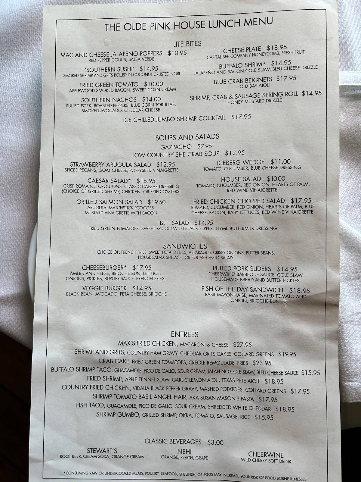 Menu at The Olde Pink House pub & bar, Savannah
