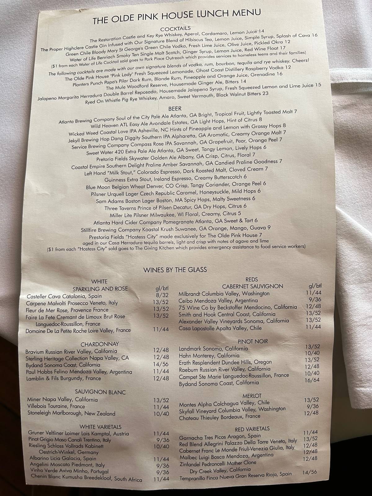 Menu at The Olde Pink House pub & bar, Savannah