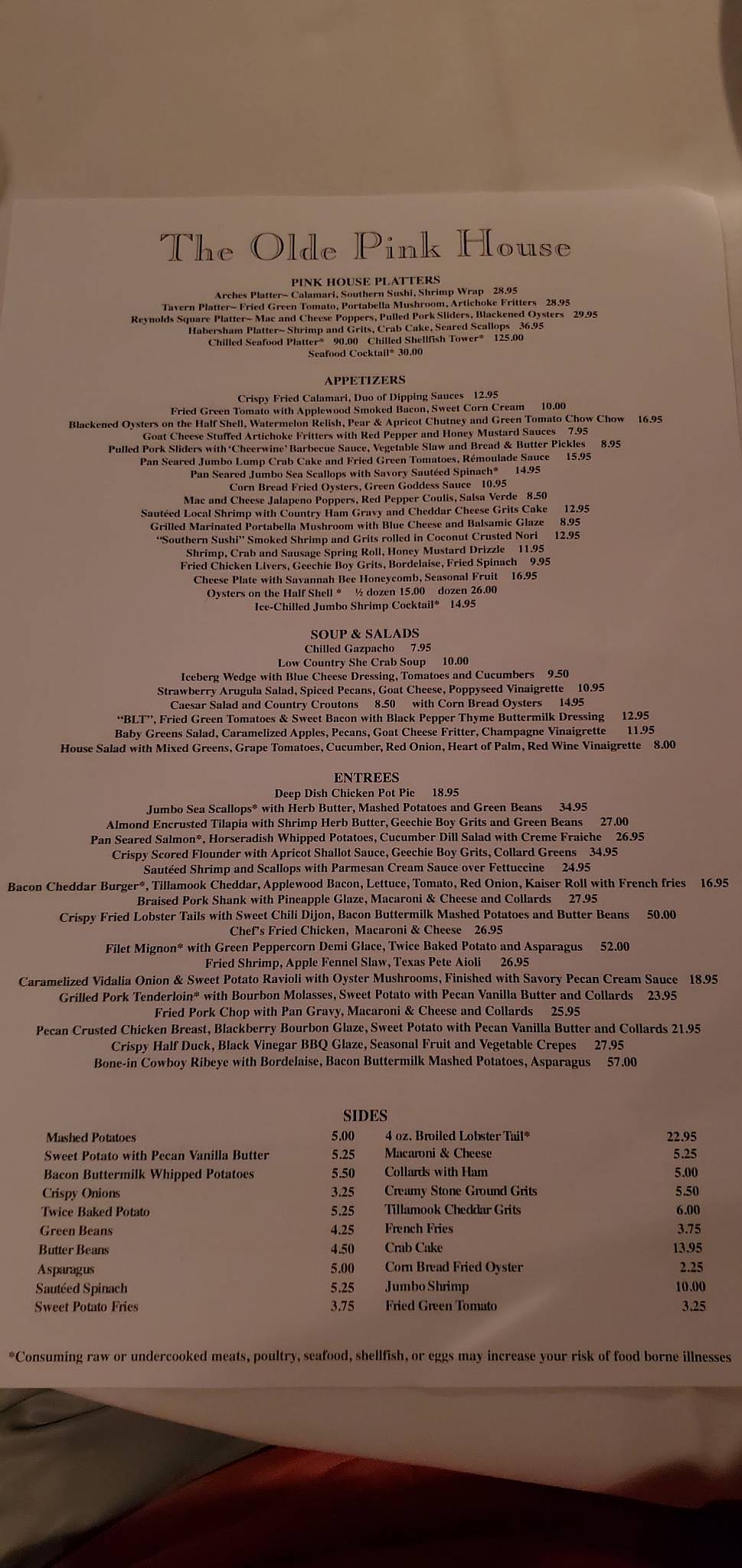 Menu at The Olde Pink House pub & bar, Savannah