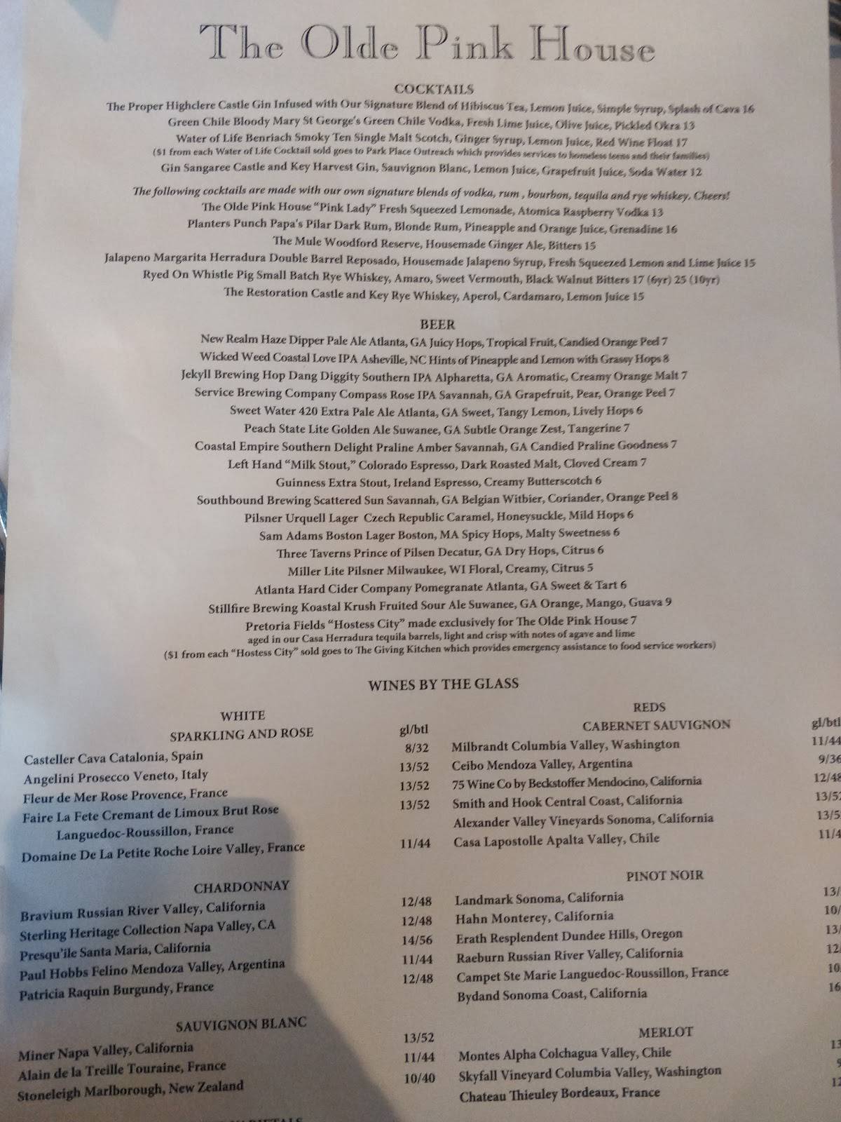 Menu at The Olde Pink House pub & bar, Savannah