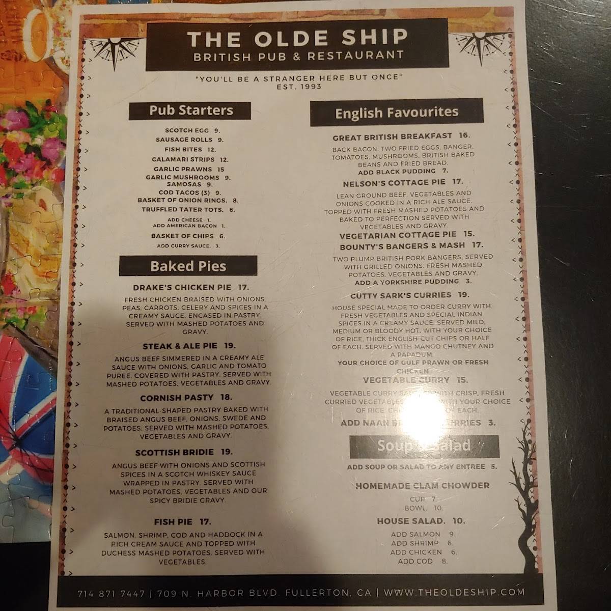 Menu at The Olde Ship pub & bar, Fullerton