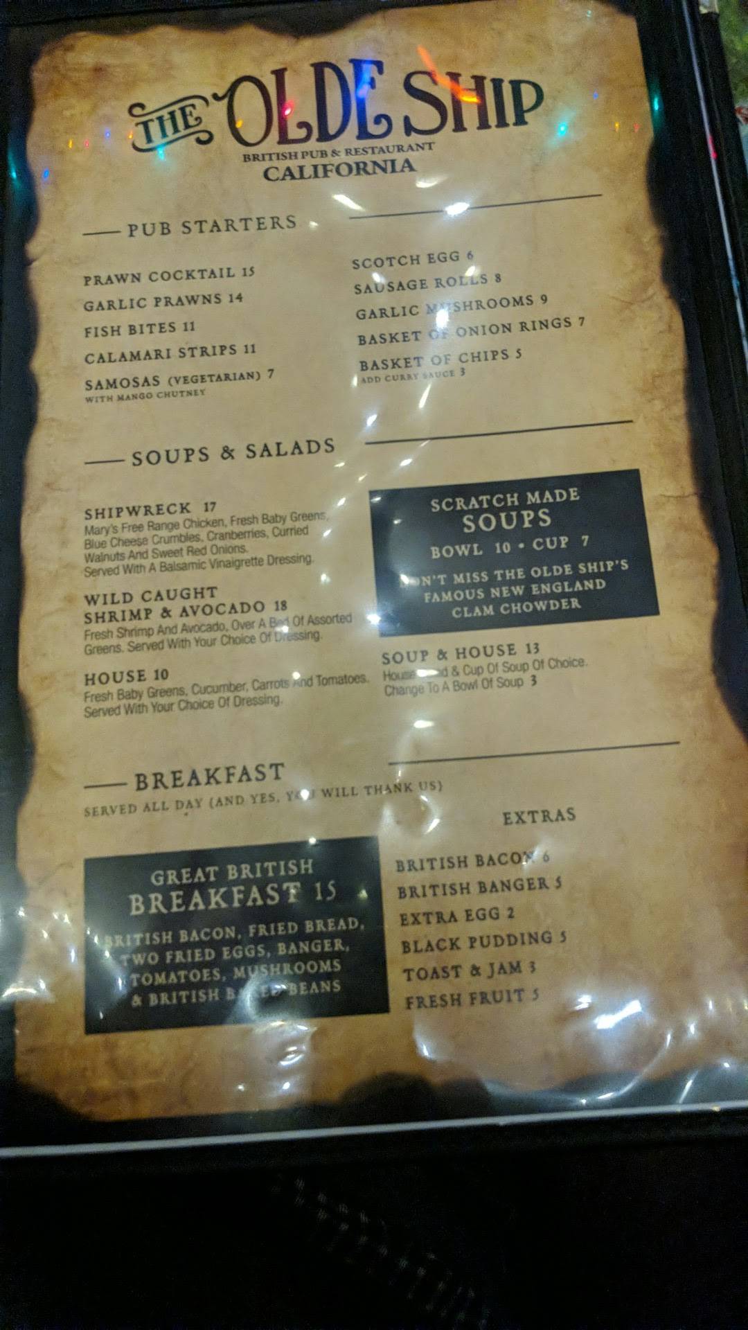 Menu at The Olde Ship pub & bar, Fullerton