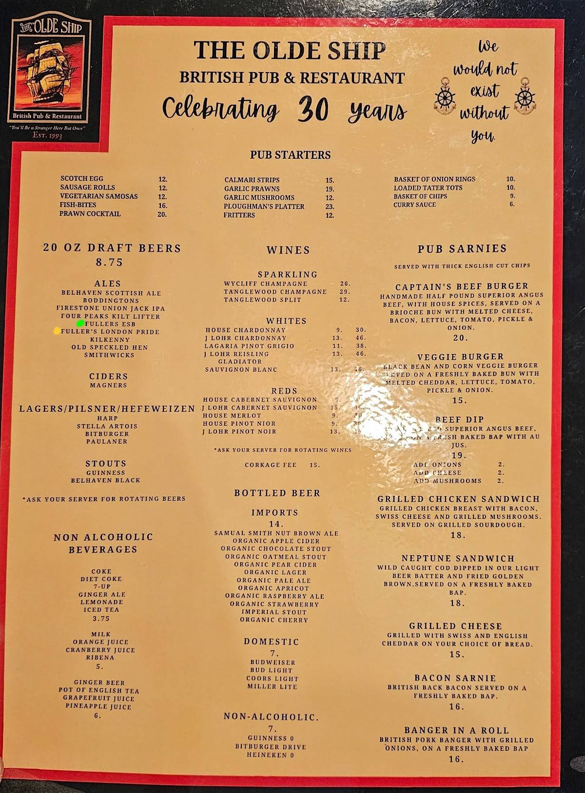 Menu at The Olde Ship pub & bar, Fullerton