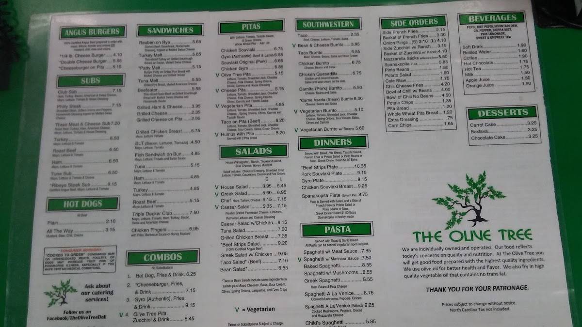 Menu at The Olive Tree restaurant, Winston-Salem