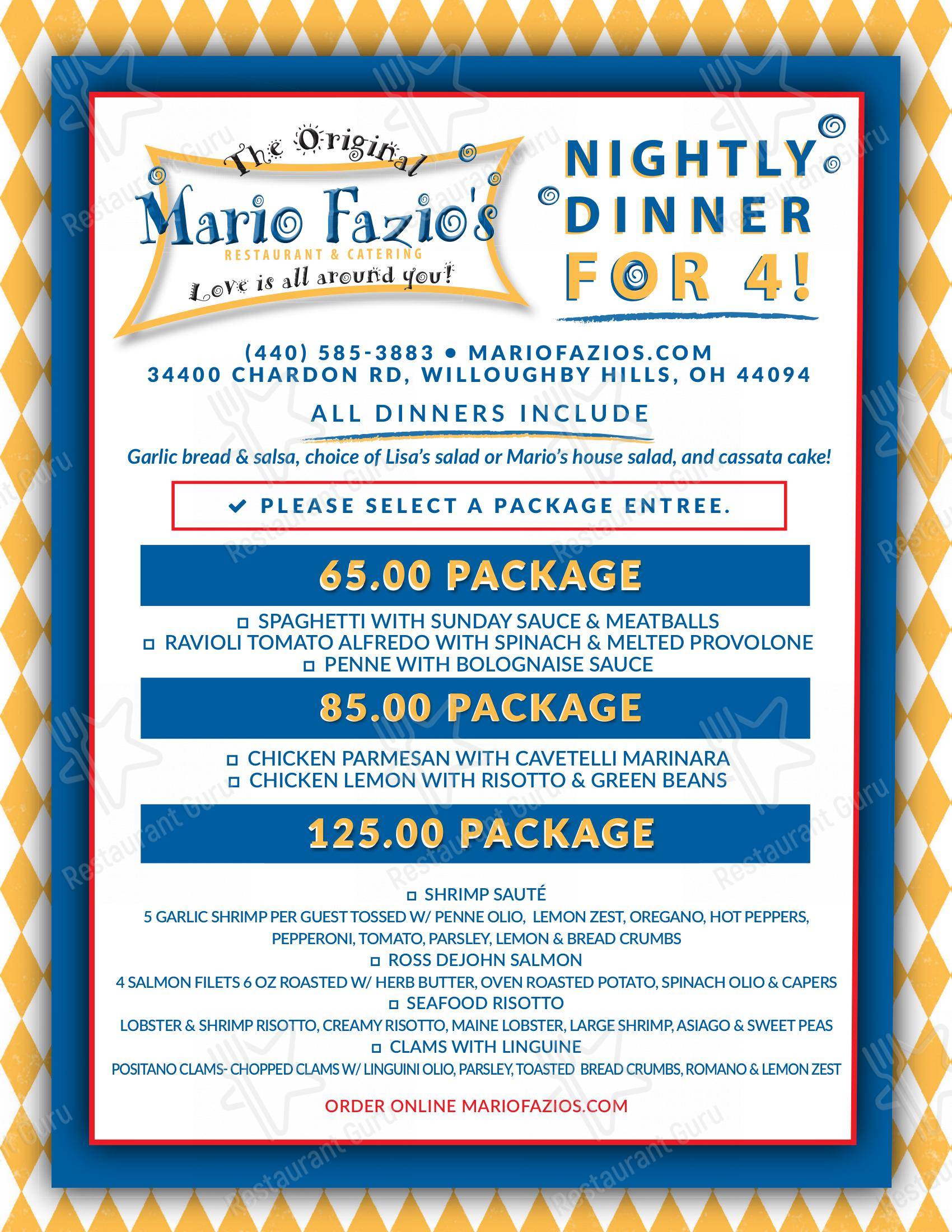Menu at The Original Mario Fazio’s restaurant, Willoughby Hills