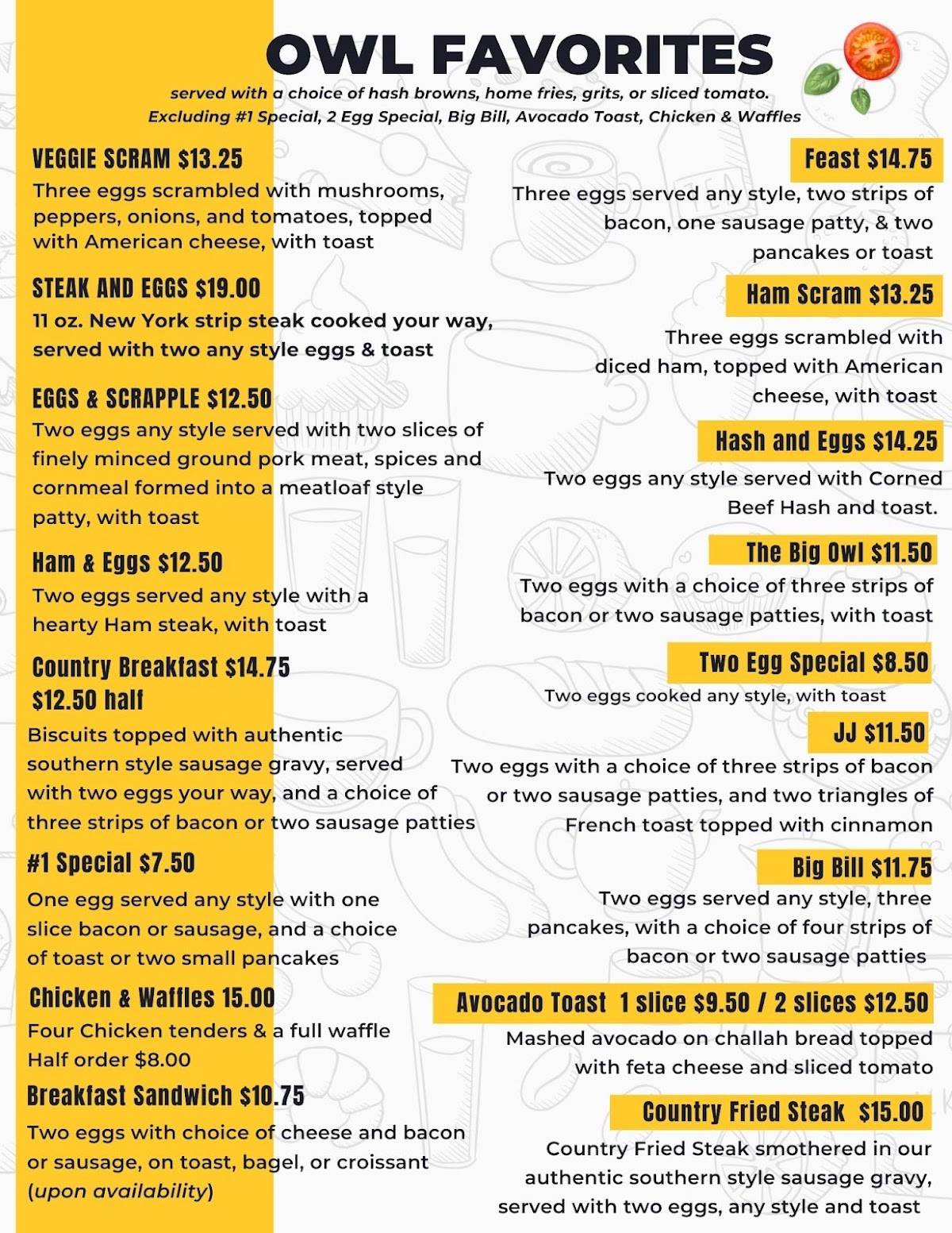 Menu at The Owl Country Grille restaurant, Boynton Beach, Le Chalet Blvd #5