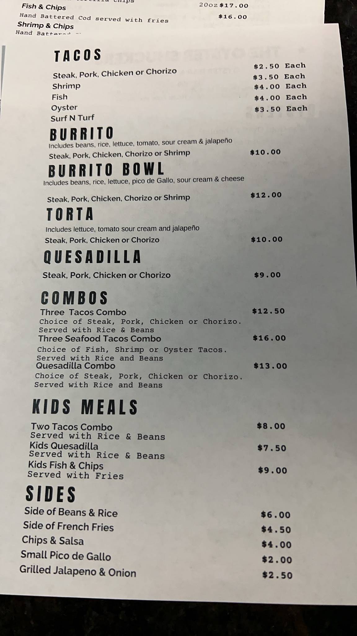 Menu at The Oyster Shuckers restaurant, Bow