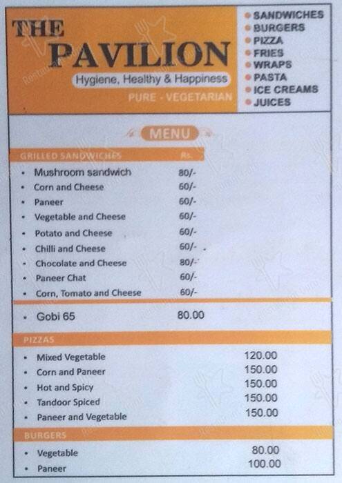 Menu at The Pavilion, Chennai