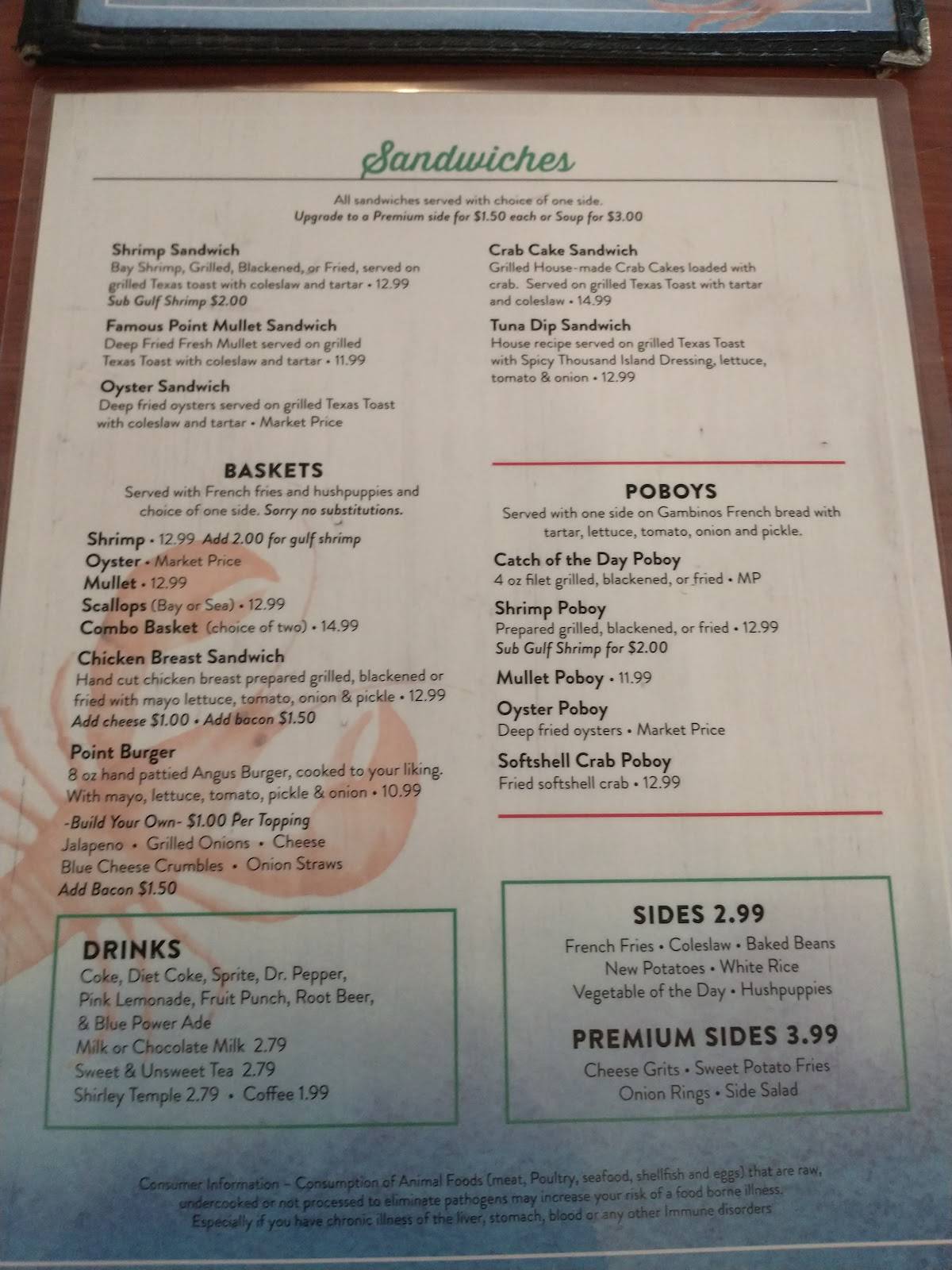 Menu at The Point Restaurant, Perdido Key