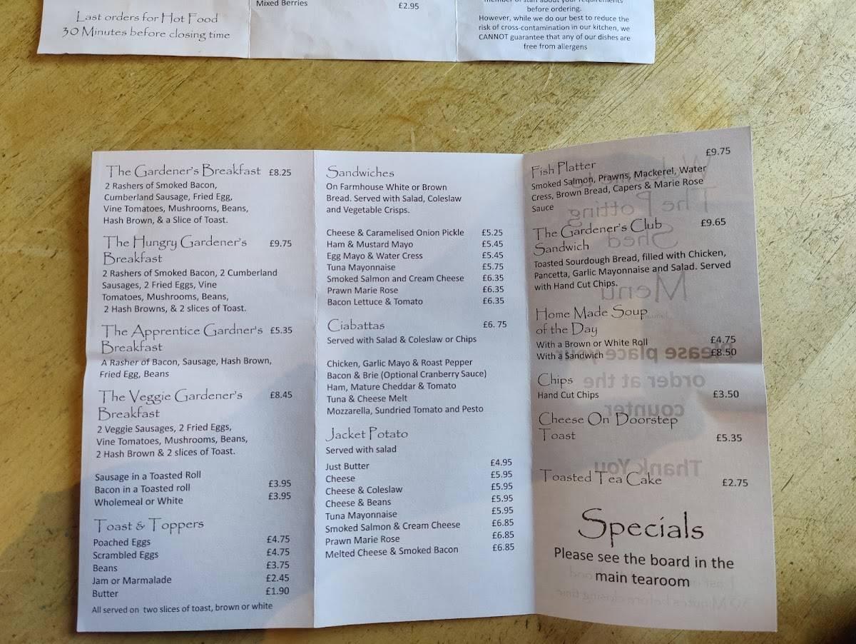 Menu at The Potting Shed Cafe, Derby