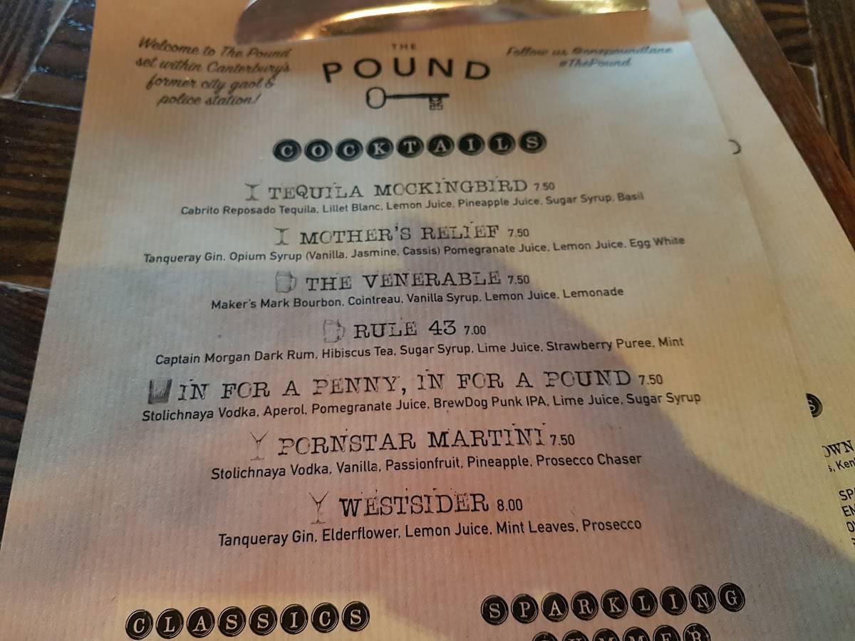Menu at The Pound at One Pound Lane pub & bar, Canterbury