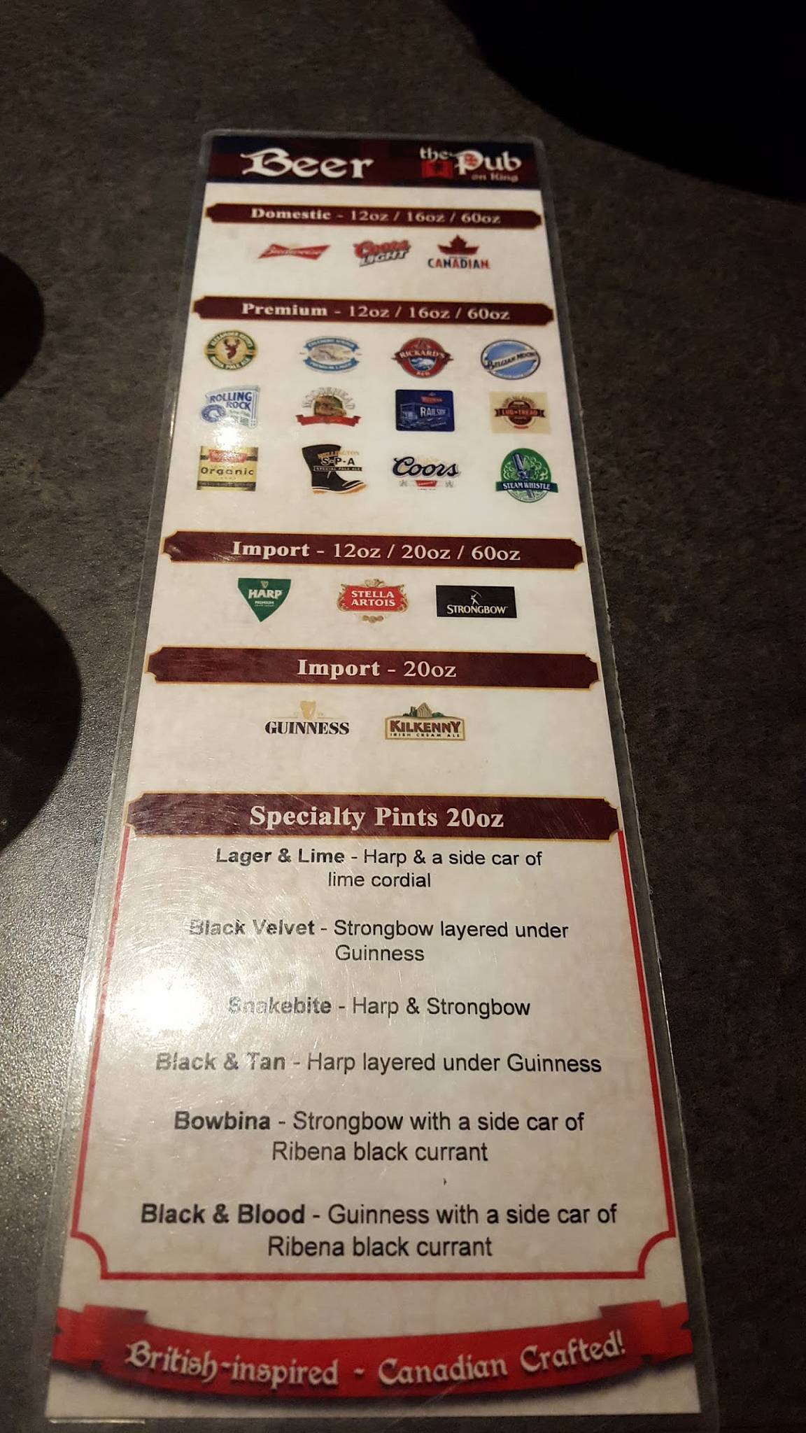 Menu at The Pub On King, Waterloo, 77 King St N