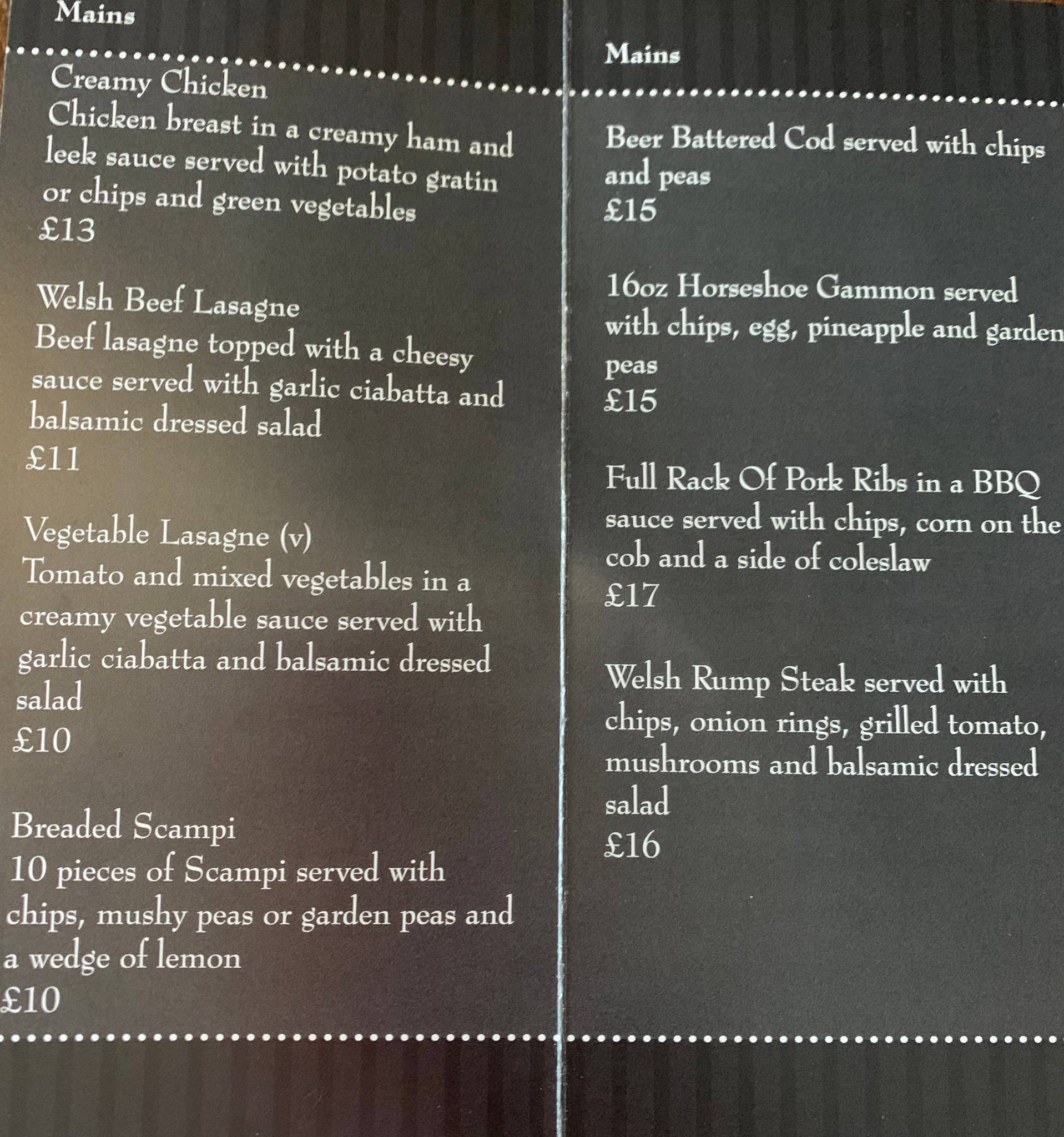 Menu at The Queen's Hotel restaurant, Harlech