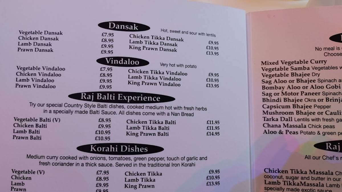 Menu at The Raj restaurant, Loddon