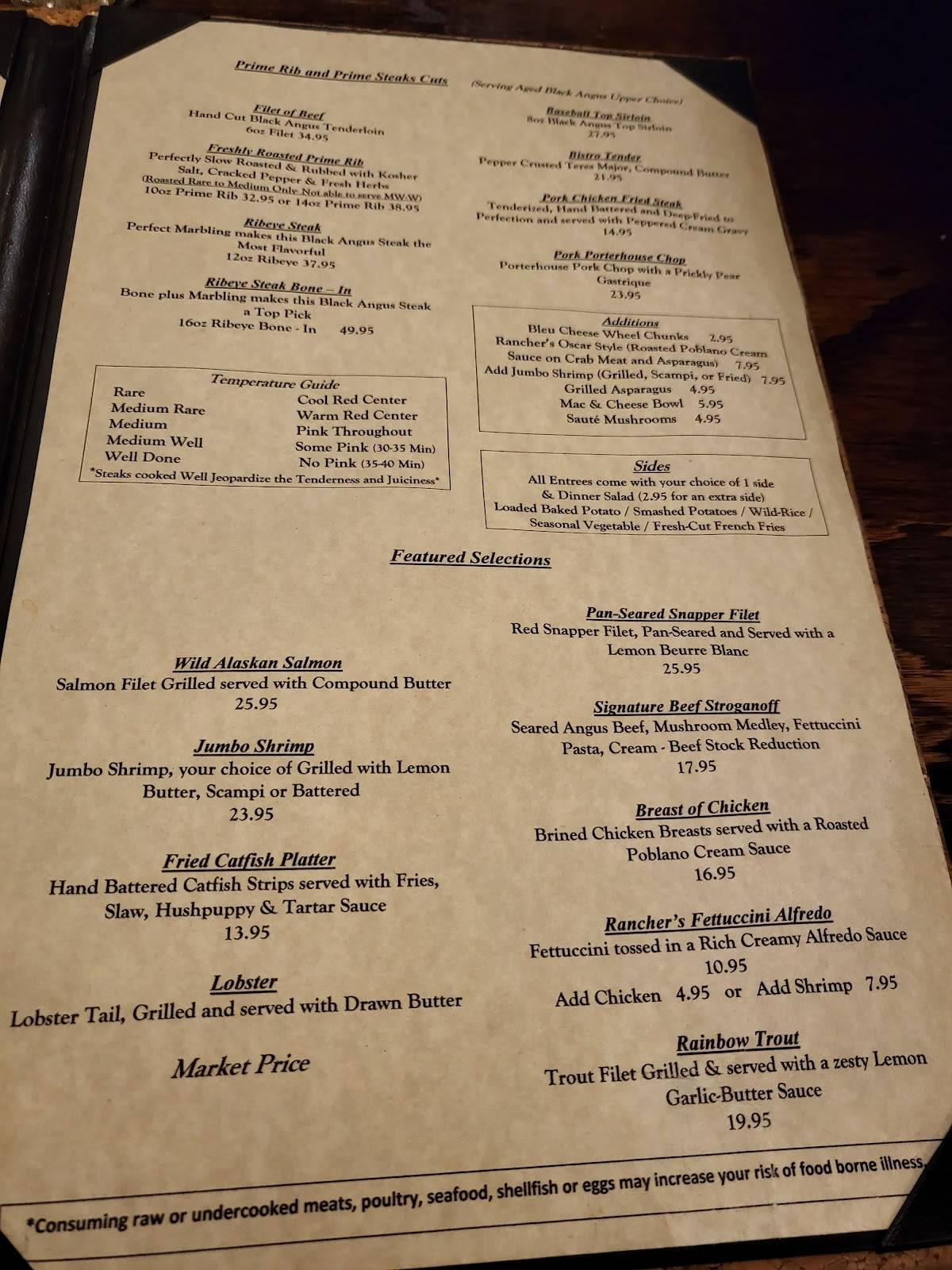 Menu at The Ranchers Steak and Seafood Restaraunt steakhouse, Ruidoso