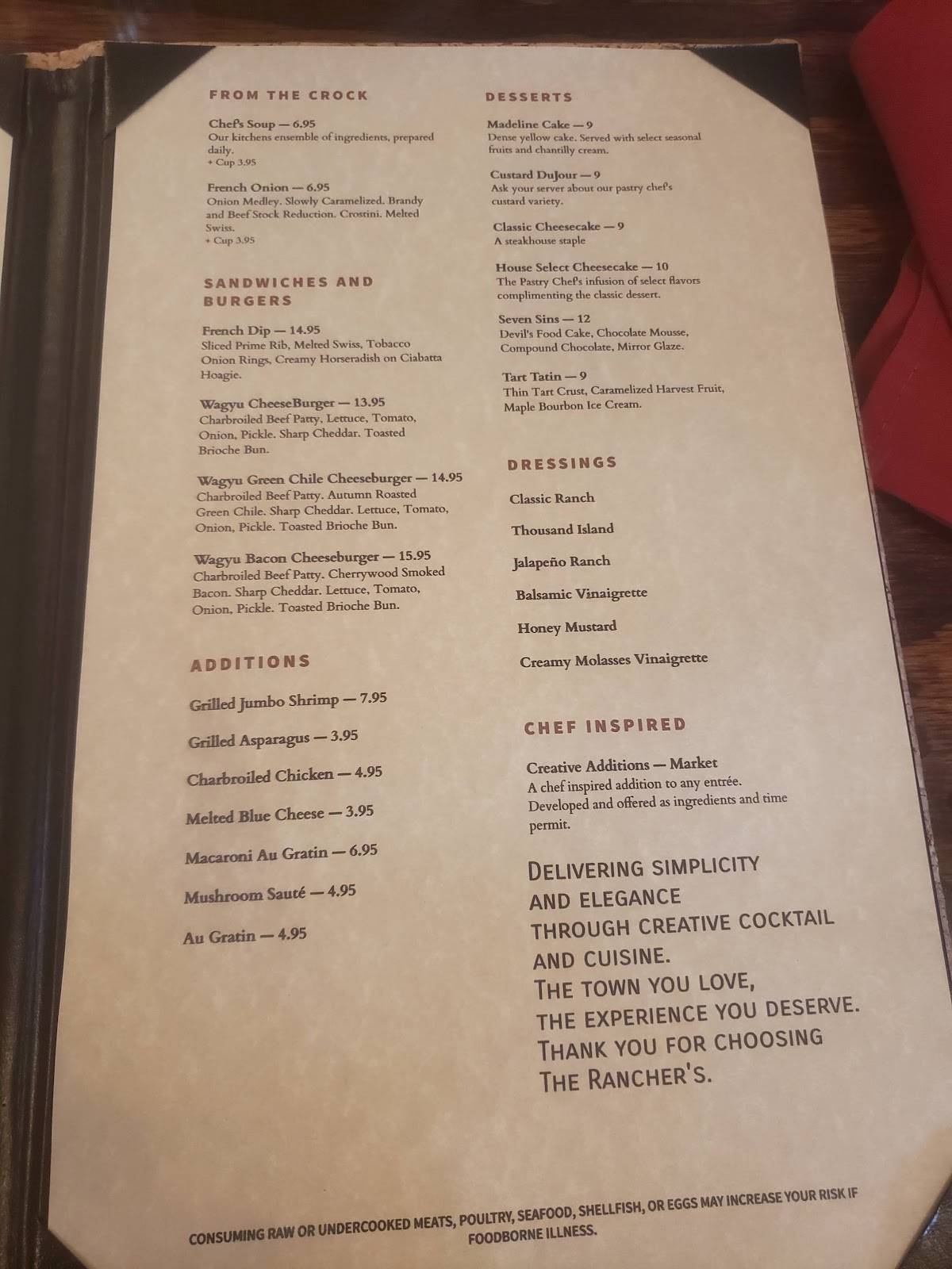 Menu at The Ranchers Steak and Seafood Restaraunt steakhouse, Ruidoso
