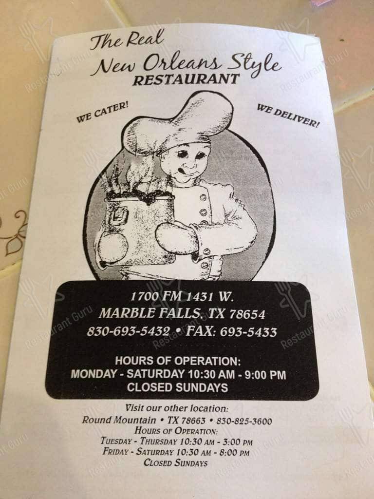Menu at The Real New Orleans Style Restaurant, Marble Falls, RM 1431