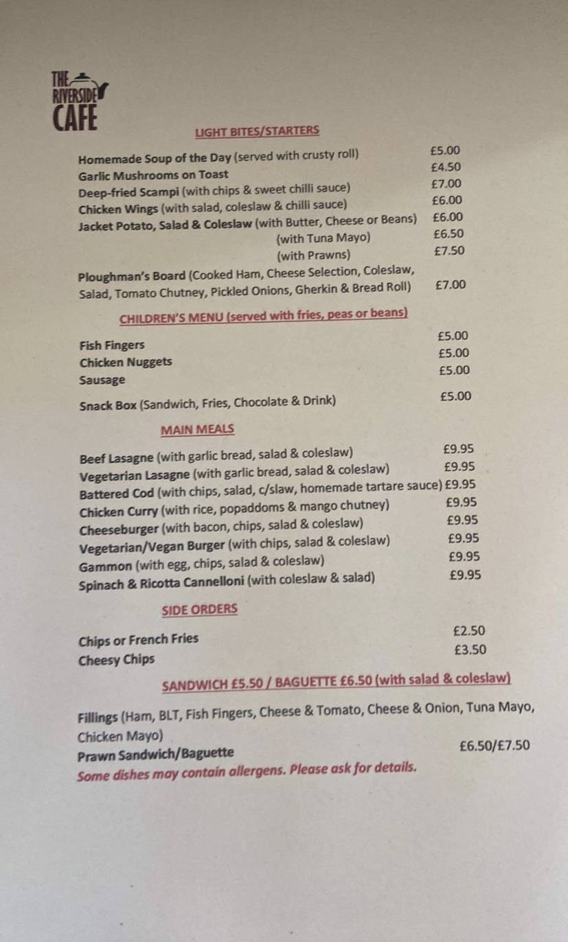 Menu at The Riverside Cafe, Tenbury Wells