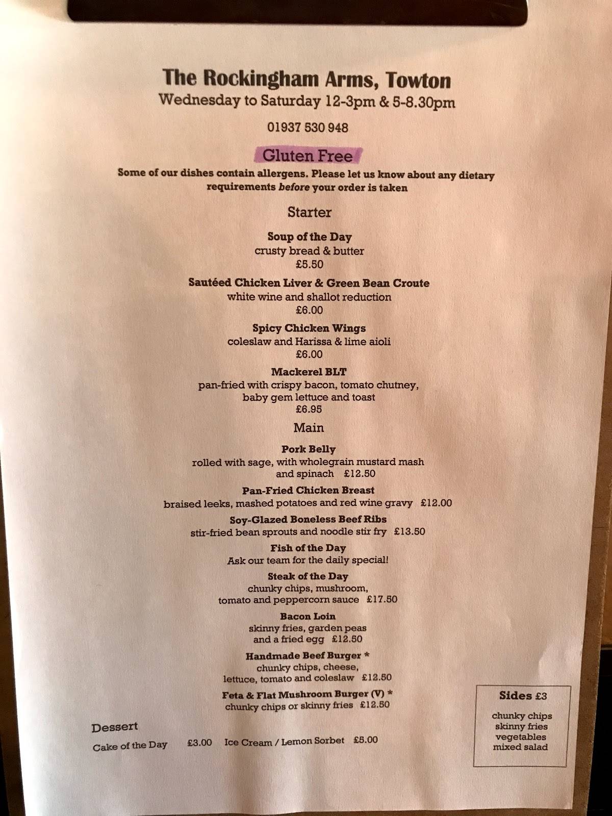 Menu at The Rockingham Arms Towton pub & bar, Tadcaster