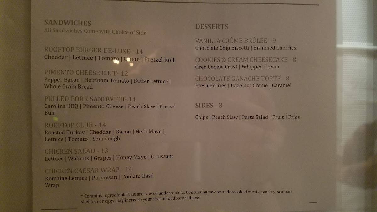 Menu at The Rooftop at the Vendue pub & bar, Charleston