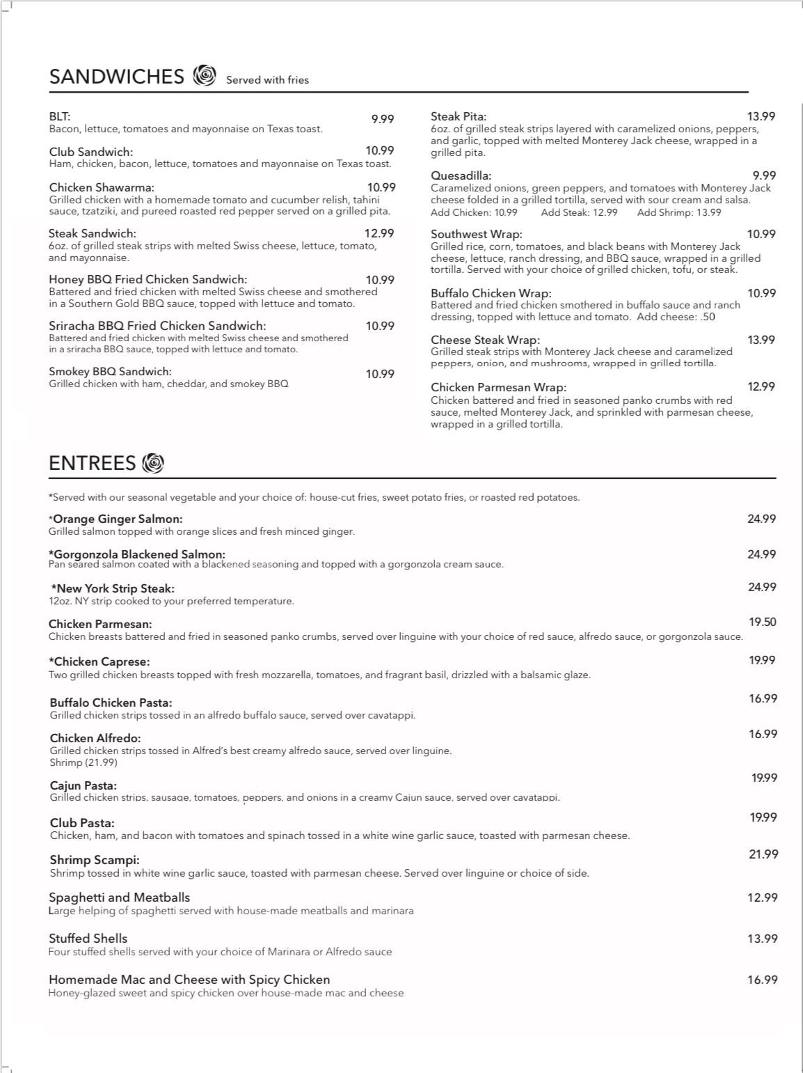 Menu at The Rosebush restaurant, Alfred