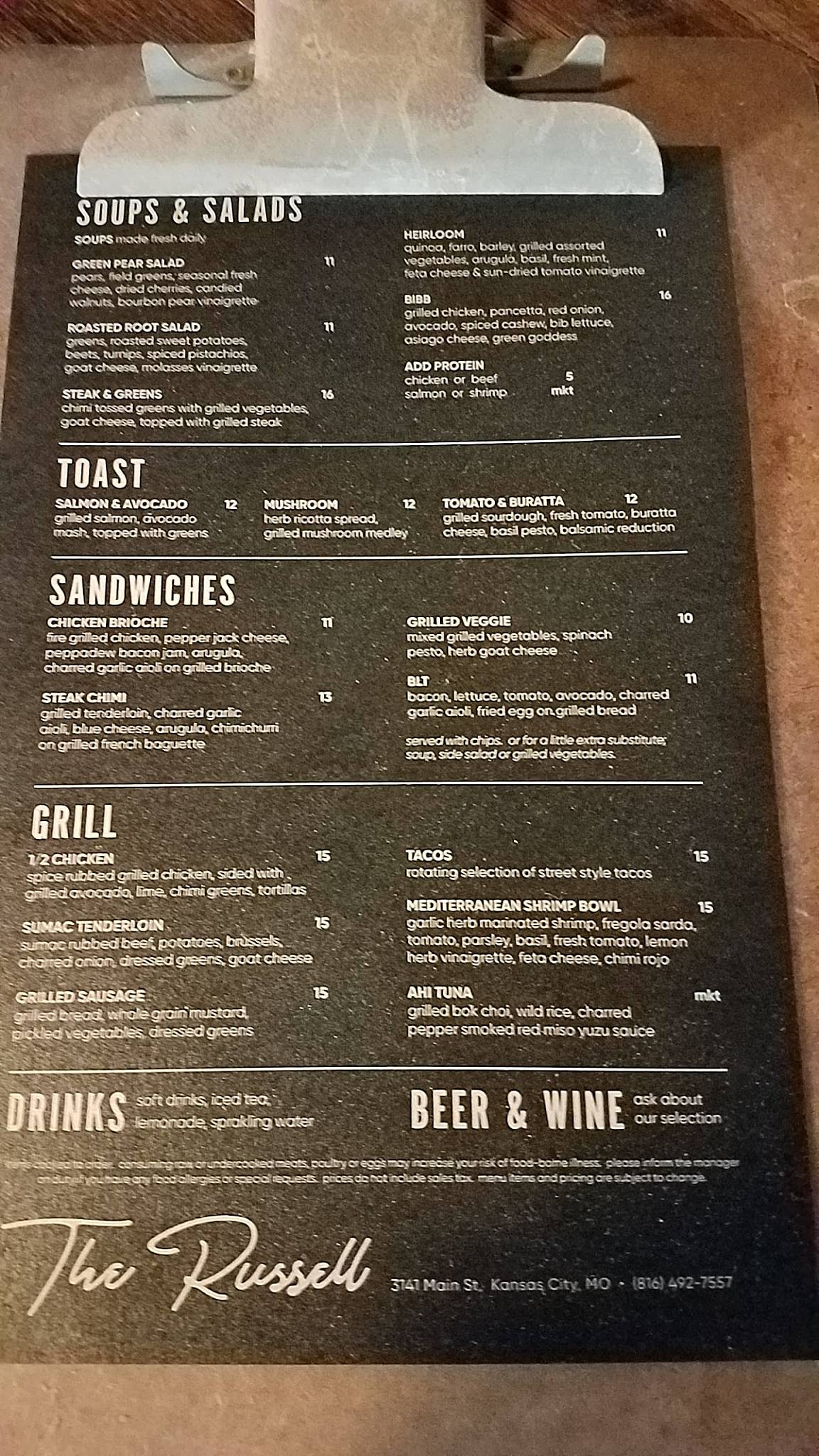 Menu at The Russell Restaurant & Catering Company, Kansas City