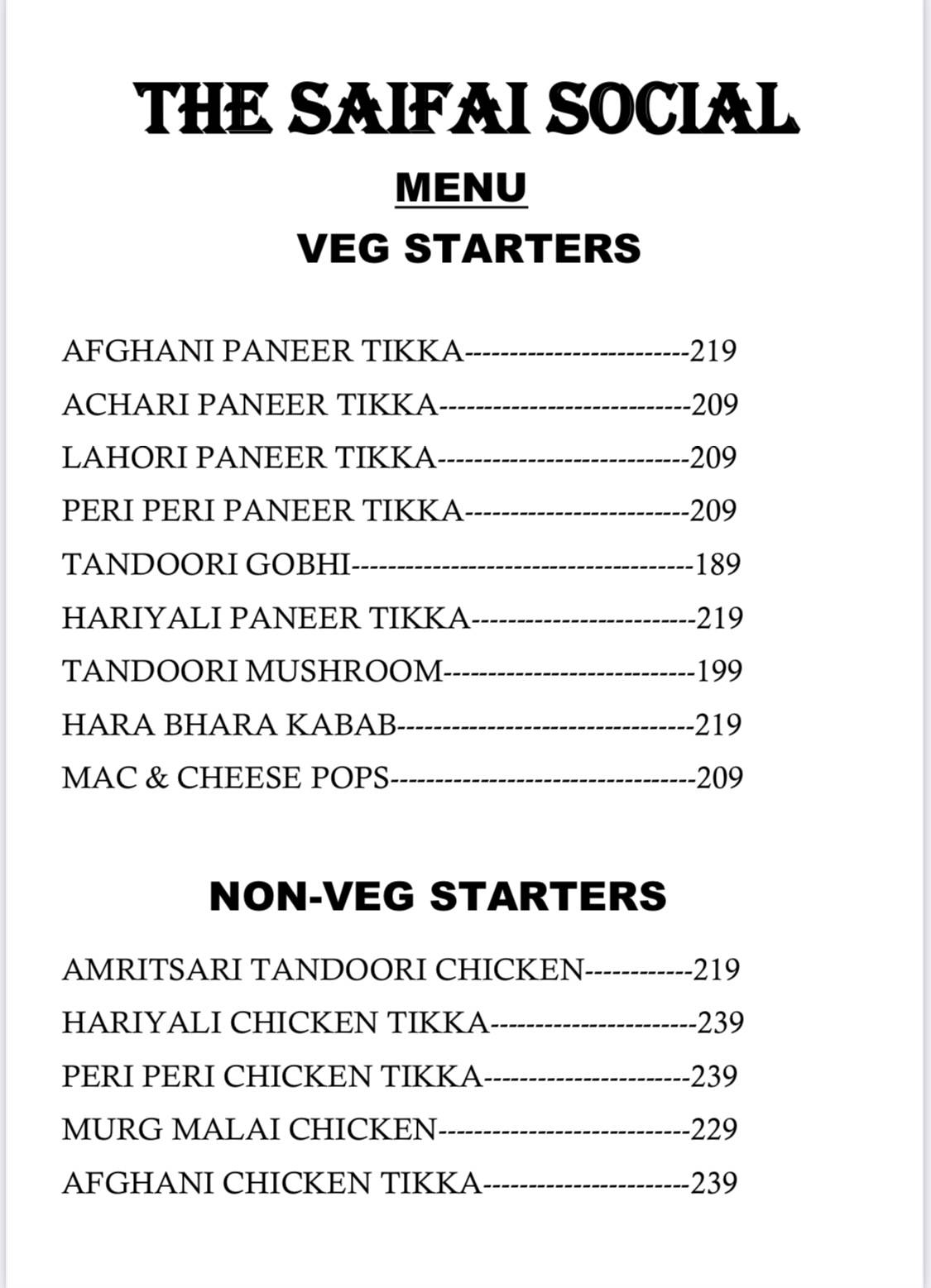 Menu at The Saifai Social, Saifai