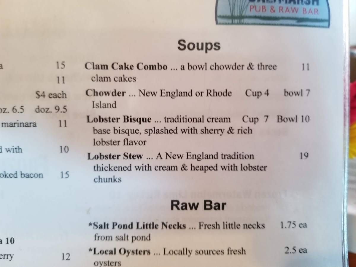 Menu at The Salt Marsh Pub & Raw Bar, South Kingstown