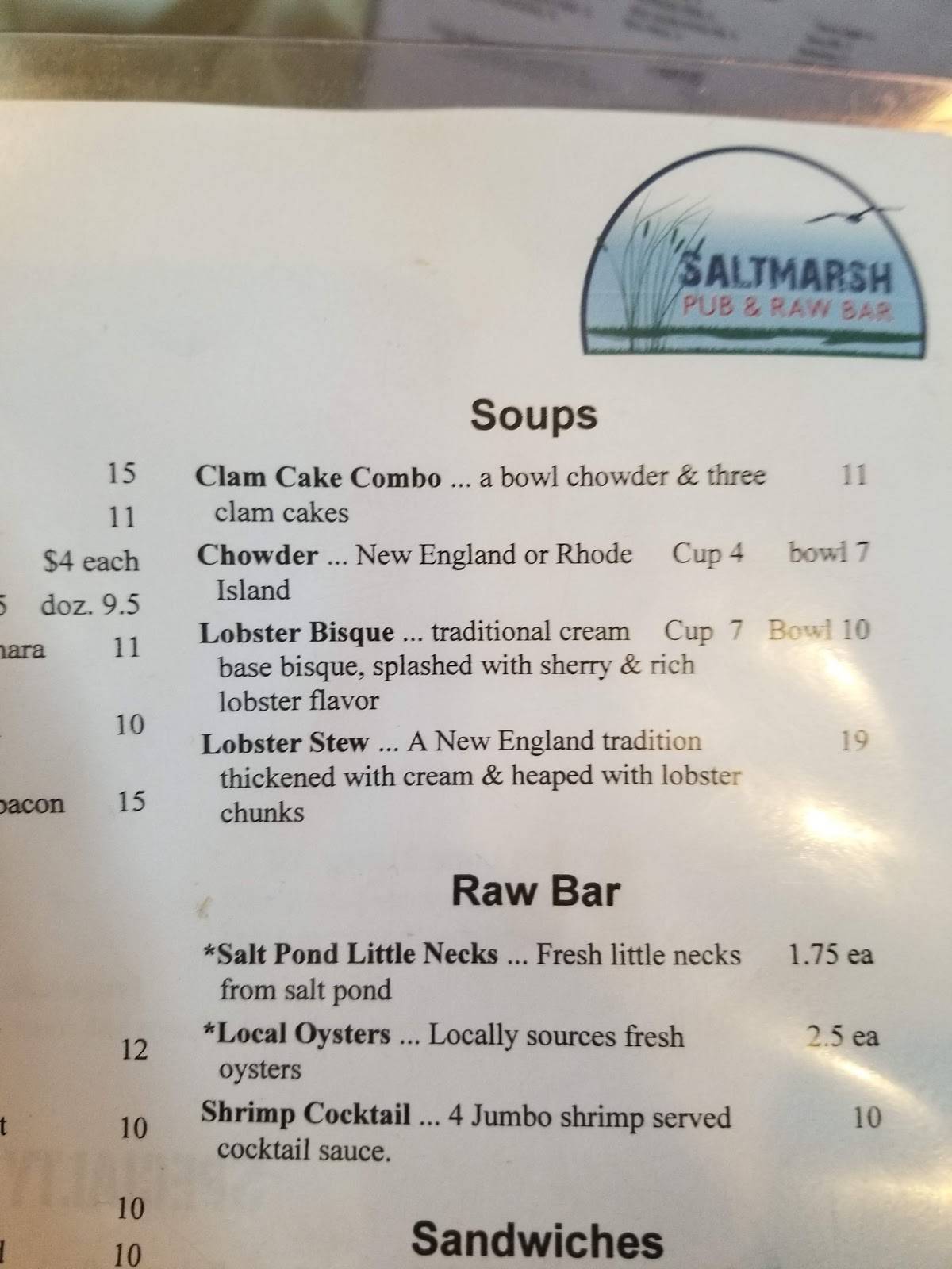 Menu at The Salt Marsh Pub & Raw Bar, South Kingstown