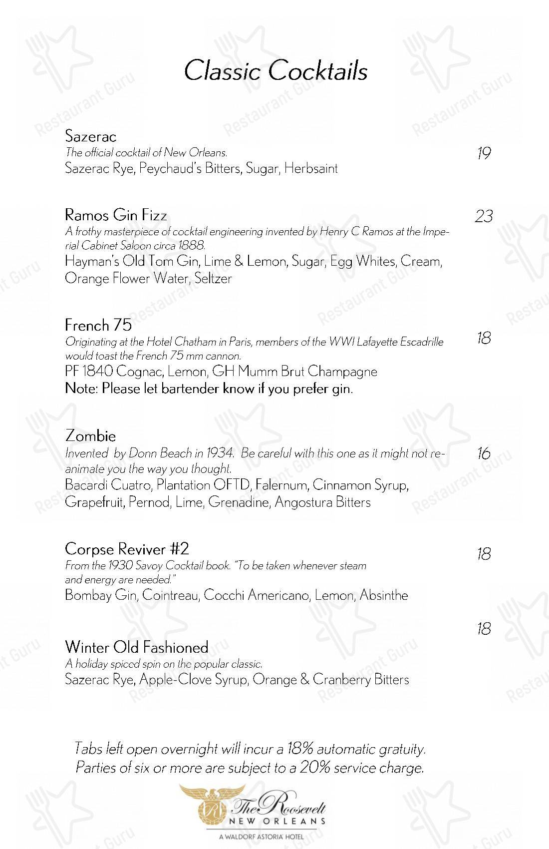 Menu at The Sazerac Bar, New Orleans