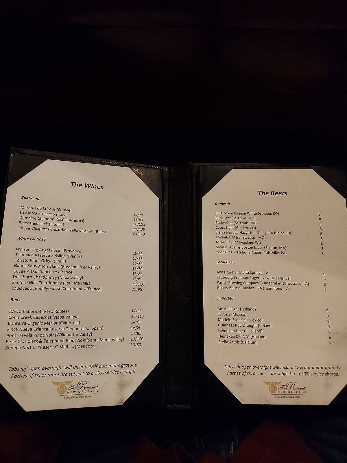 Menu at The Sazerac Bar, New Orleans