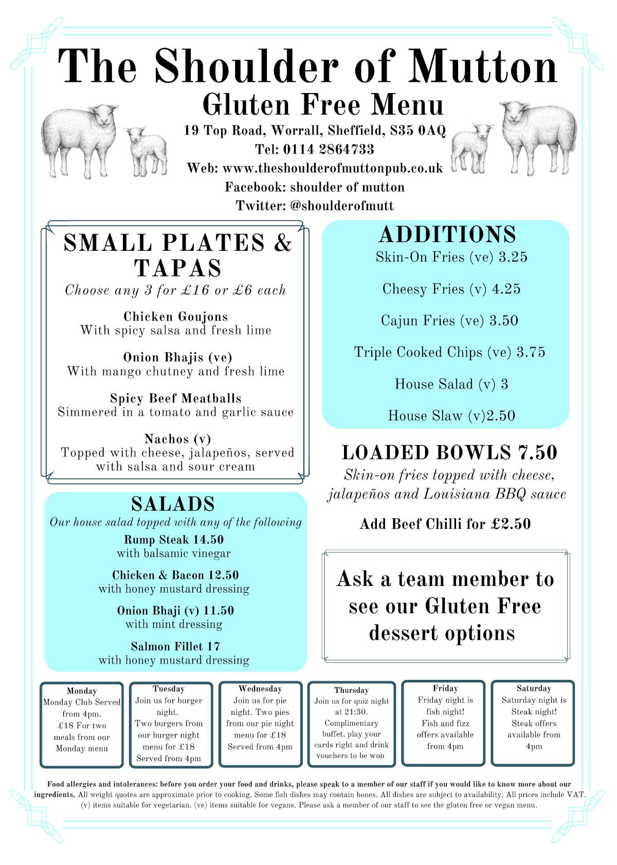 Menu at The Shoulder Of Mutton pub & bar, Sheffield, 19 Top Rd
