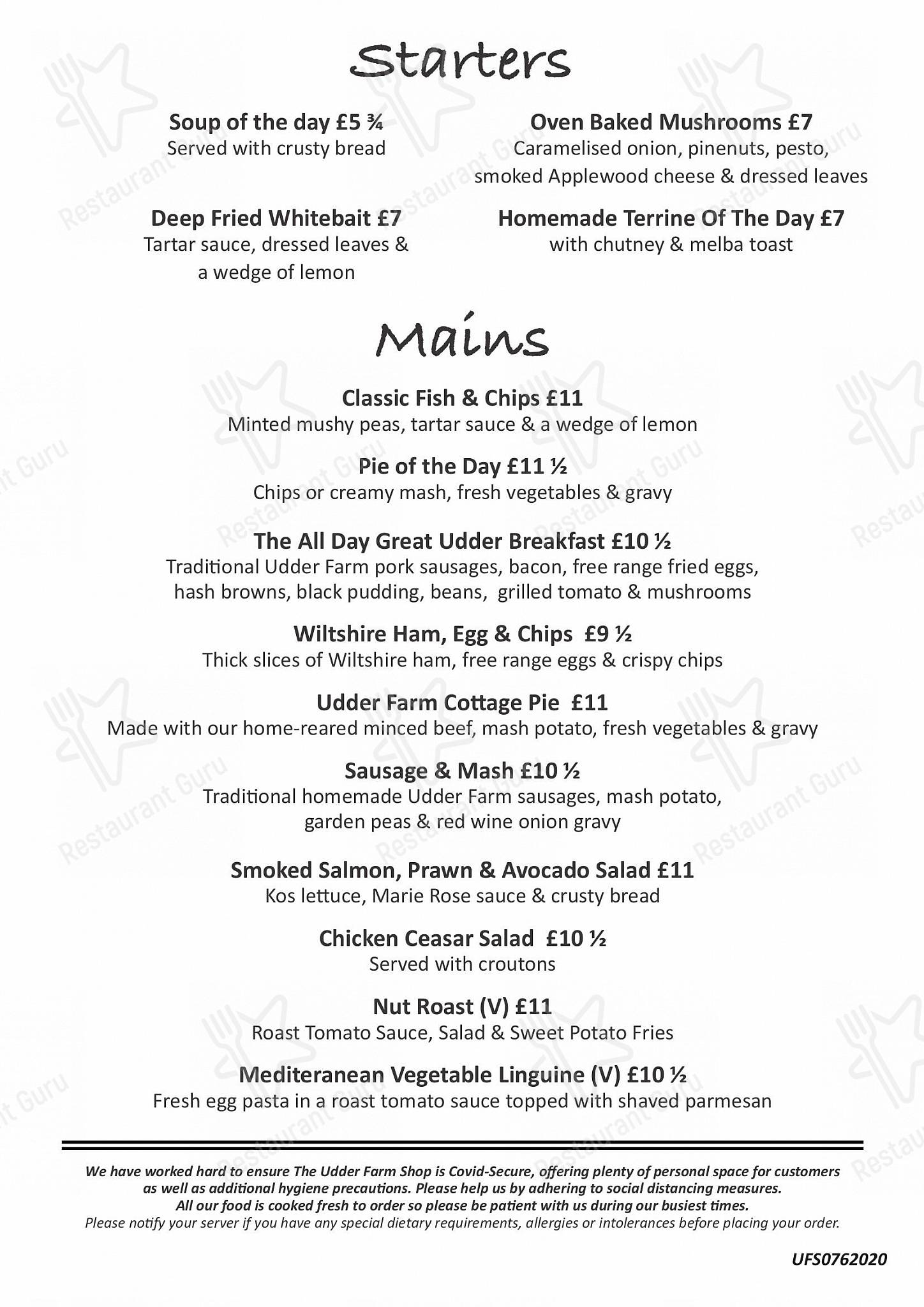Menu at The Udder Farm Shop cafe, Gillingham