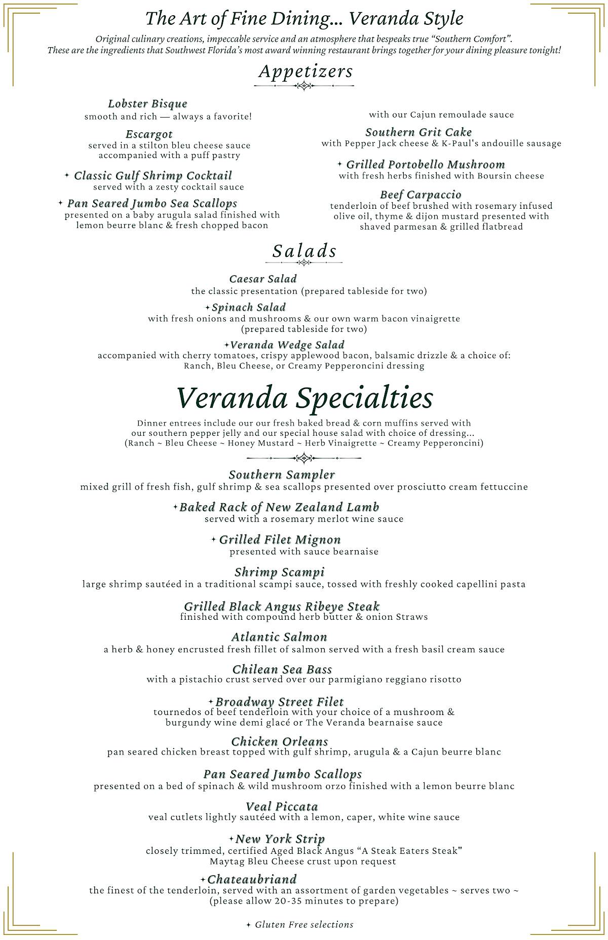 Menu at The Veranda steakhouse, Fort Myers