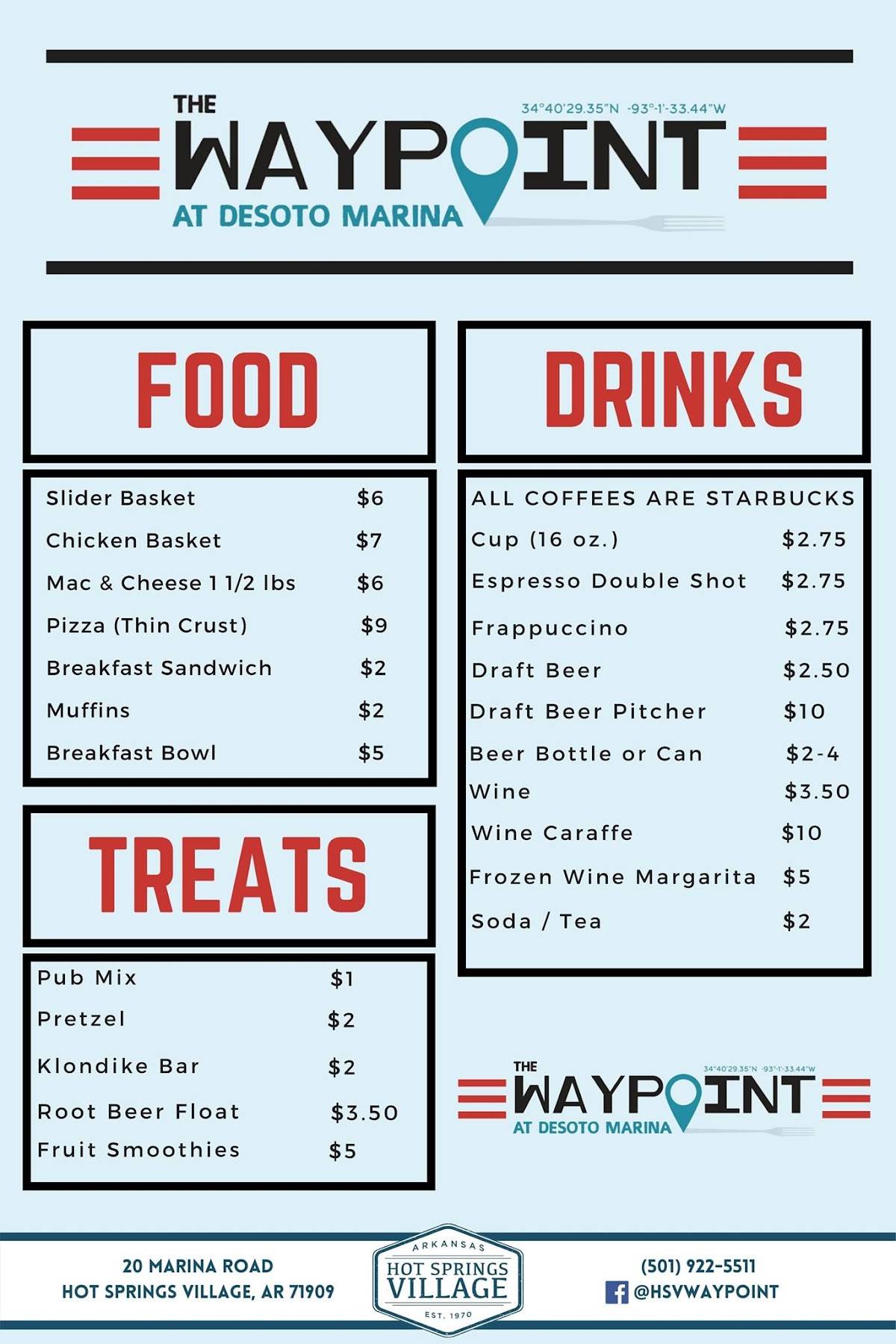 Menu at The Waypoint At Desoto Marina cafe, Hot Springs Village