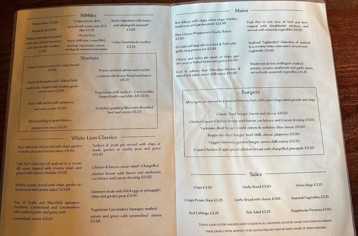 Menu at The White Lion pub & bar, Kildwick, Priest Bank Road